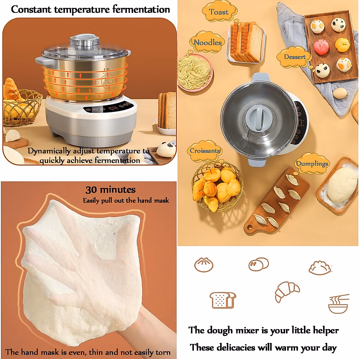 EEYZD Dough Maker with Ferment Function, Stainless Steel Professional Dough Mixer with Microcomputer Timing&Face-Up Touch Panel, Large Capacity,Grey,5L