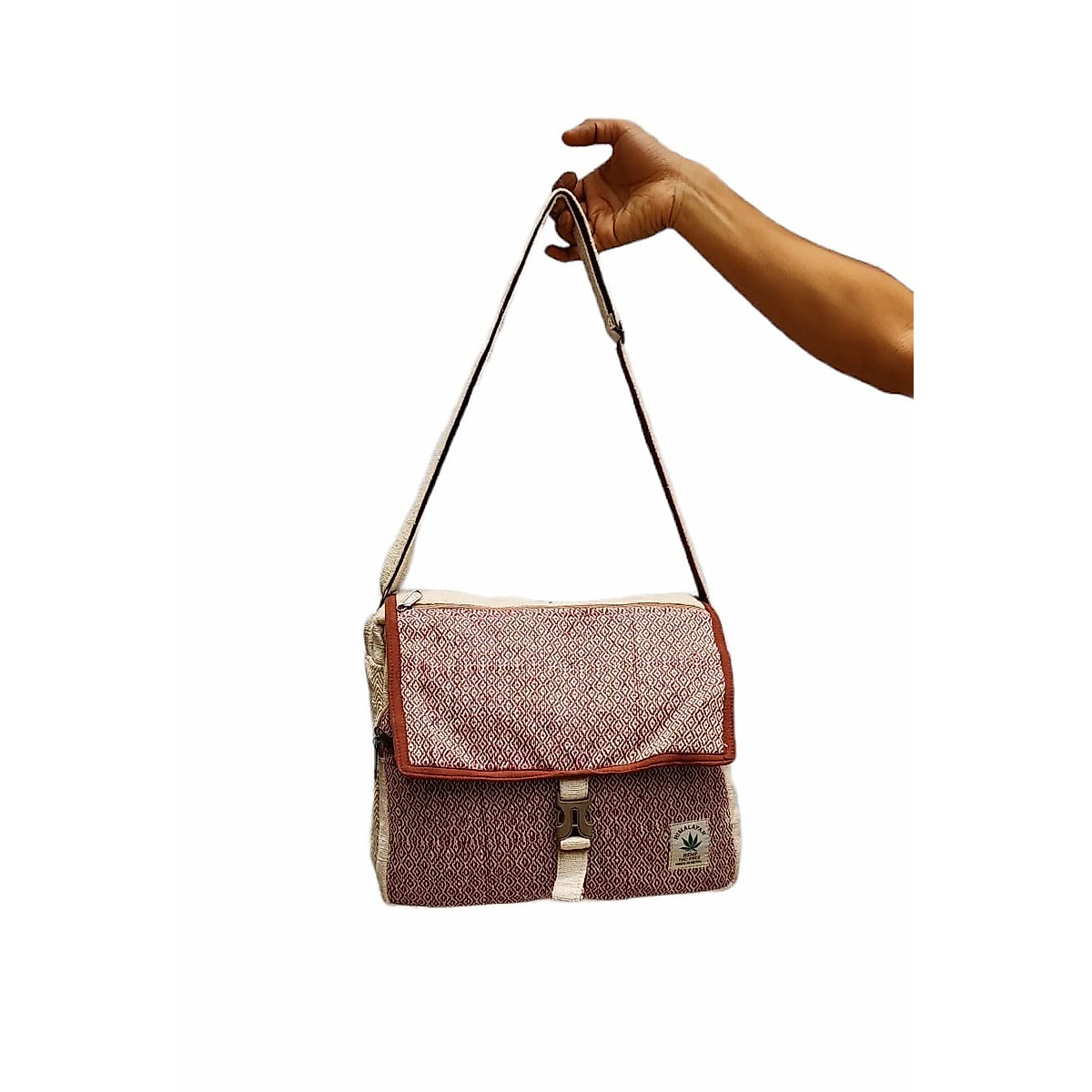 VIBRANIC Himalayan HEMP Cross-Body Messenger Bag - THC Free - Over-the-Shoulder Sling Bag - Red Diamond Pattern - Unisex - All Natural Handmade - Multi-Pocket - Made In Nepal