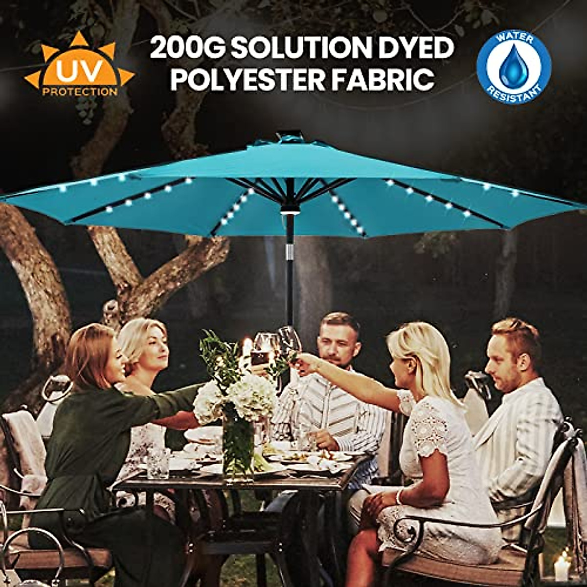 FLAME&SHADE 10 ft Solar Powered Outdoor Market Patio Table Umbrella with LED Lights and Tilt, Aqua Blue