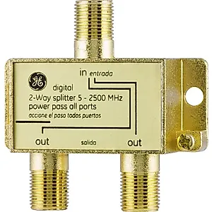 GE Digital 2-Way Coaxial Cable Splitter, 2.5 GHz 5-2500 MHz, RG6 Compatible, Works with HD TV, Satellite, High Speed Internet, Amplifier, Antenna, Gold Plated Connectors, Corrosion Resistant, 33526