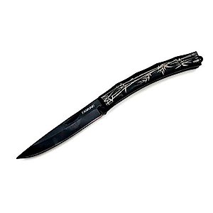 TANKING Bamboo Style Folding Pocket Knife with Non-Slip Pattern Handle, Durable Stainless Steel Blade, Hunting Camping Outdoor Tool Tactical Knife (Bent handle-Black)