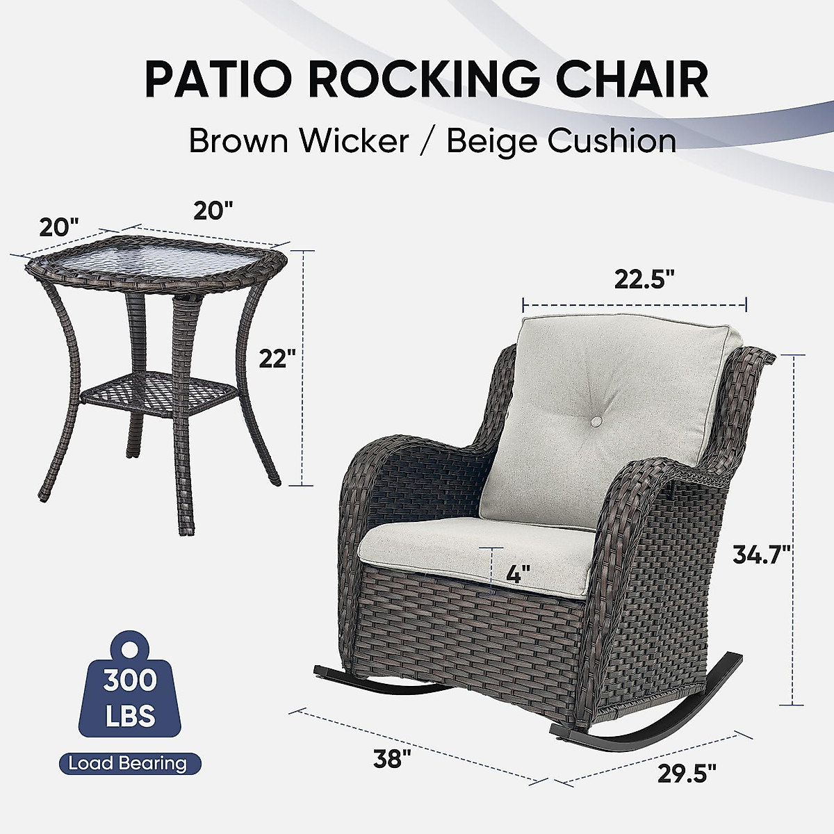 Belord Patio Rocking Chairs Bistro Set - Wicker Outdoor Rocking Chairs Set of 2 with Side Table, All Weather Rattan Rocker Seating Patio Furniture Set for Porch Balcony Garden Brown