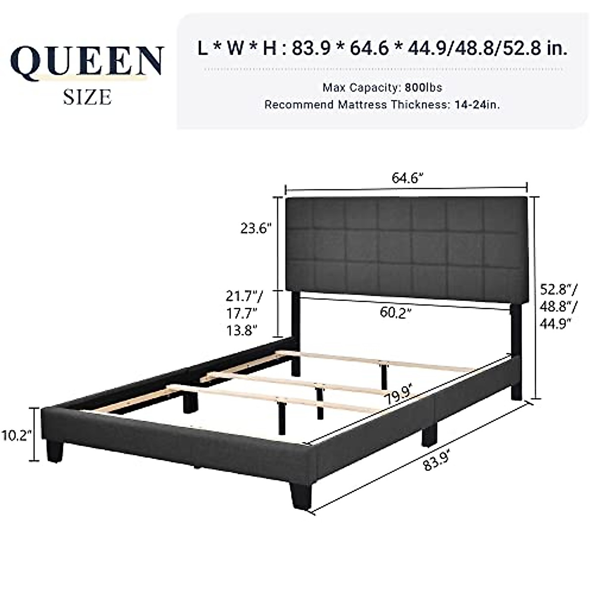 Allewie Queen Size Panel Bed Frame with Adjustable Headboard for High Profile/Fabric Upholstered/Square Stitched Padded Headboard/Box Spring or Bunkie Board Required/Dark Grey