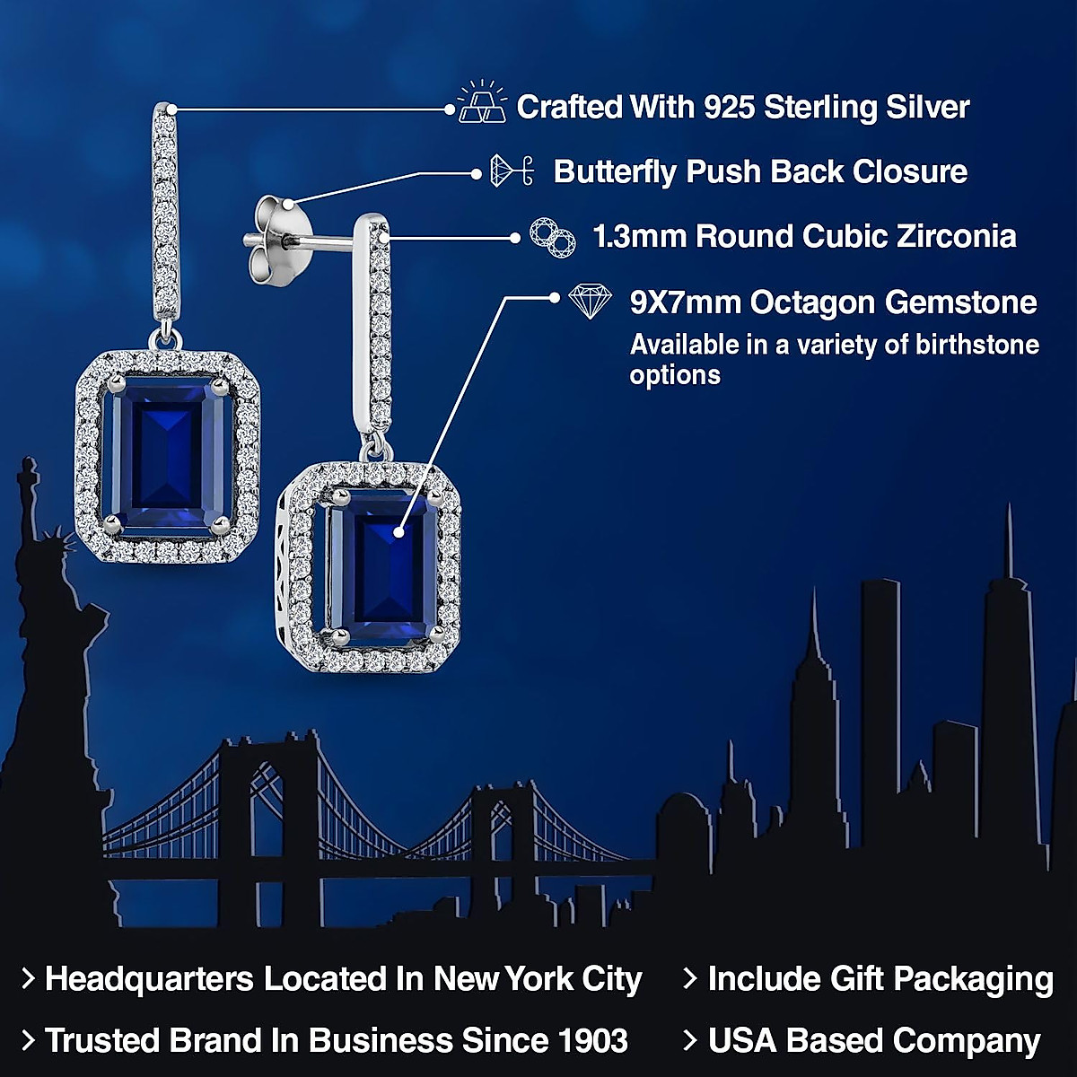 Gem Stone King 925 Sterling Silver Gemstone Birthstone Earrings | Emerald Cut 9X7MM | Drop Dangle Earrings for Women