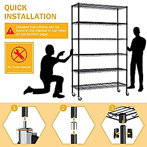 CL.Store 6-Tier Kitchen Storage Wire Shelf Steel Shelving Rack Commercial-Grade Garage Rolling Organizer with Wheels,2100 LBS(350 lbs Capacity per Shelf),Black, WS-776-Black
