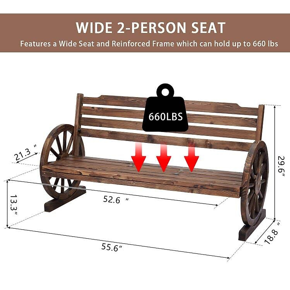 KINTNESS Wooden Wagon Wheel Bench Rustic Outdoor Patio Furniture 2-Person Seat Bench with Backrest for Backyard Patio