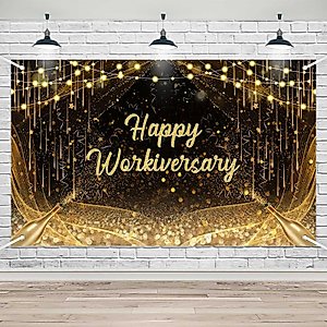 Lofaris Happy Work Anniversary Decorations Black Gold Happy Workiversary Banner Background for Office Party Staff Banner Employee Appreciation Party Decoration 70.8x43.3inch