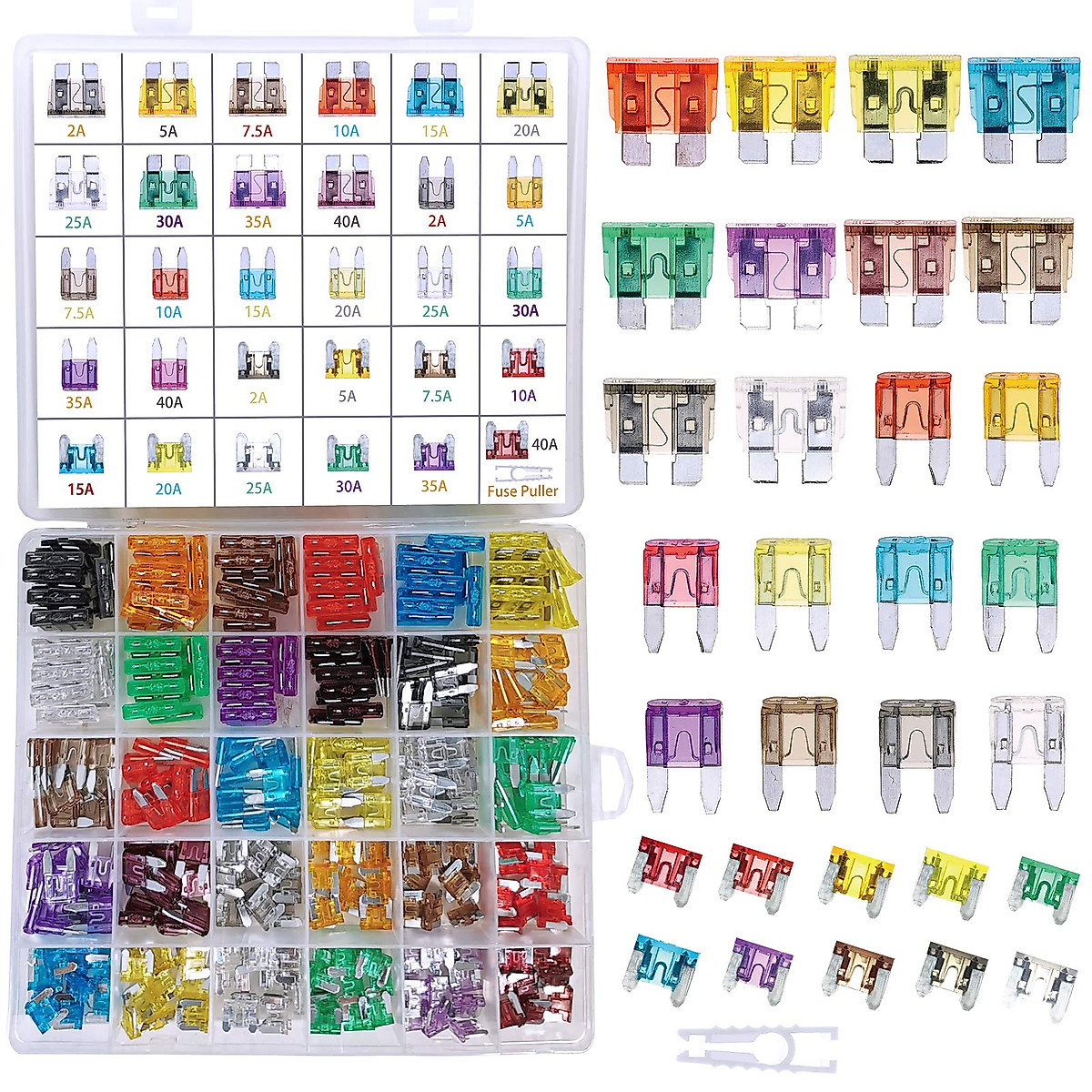 340 Pcs Assorted Standard & Mini & Low Profile Mini Auto Car Truck Blade Fuses Set- 2A 5A 7.5A 10A 15A 20A 25A 30A 35A 40A-ATC/APR/ATO+ATM Mini Automotive Replacement Fuse Assortment Kit w/A Puller