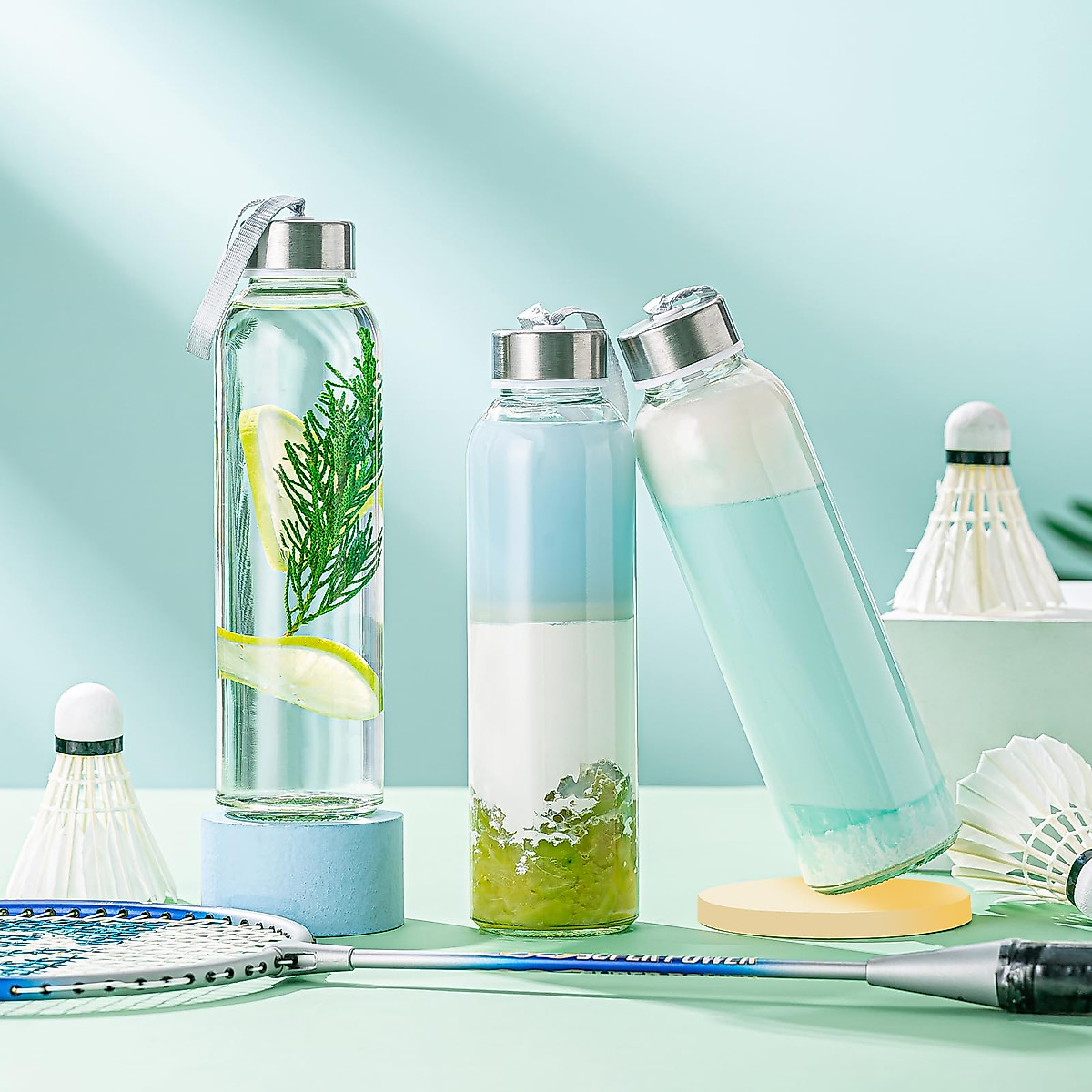 wookgreat Glass Water Bottles, 12 pcs 18 oz Glass Bottles, Reusable Sports Water Bottle with Stainless Steel Lids and Carrying Straps, BPA Free, Leak-proof Water Bottles for Travel, Gym, Office