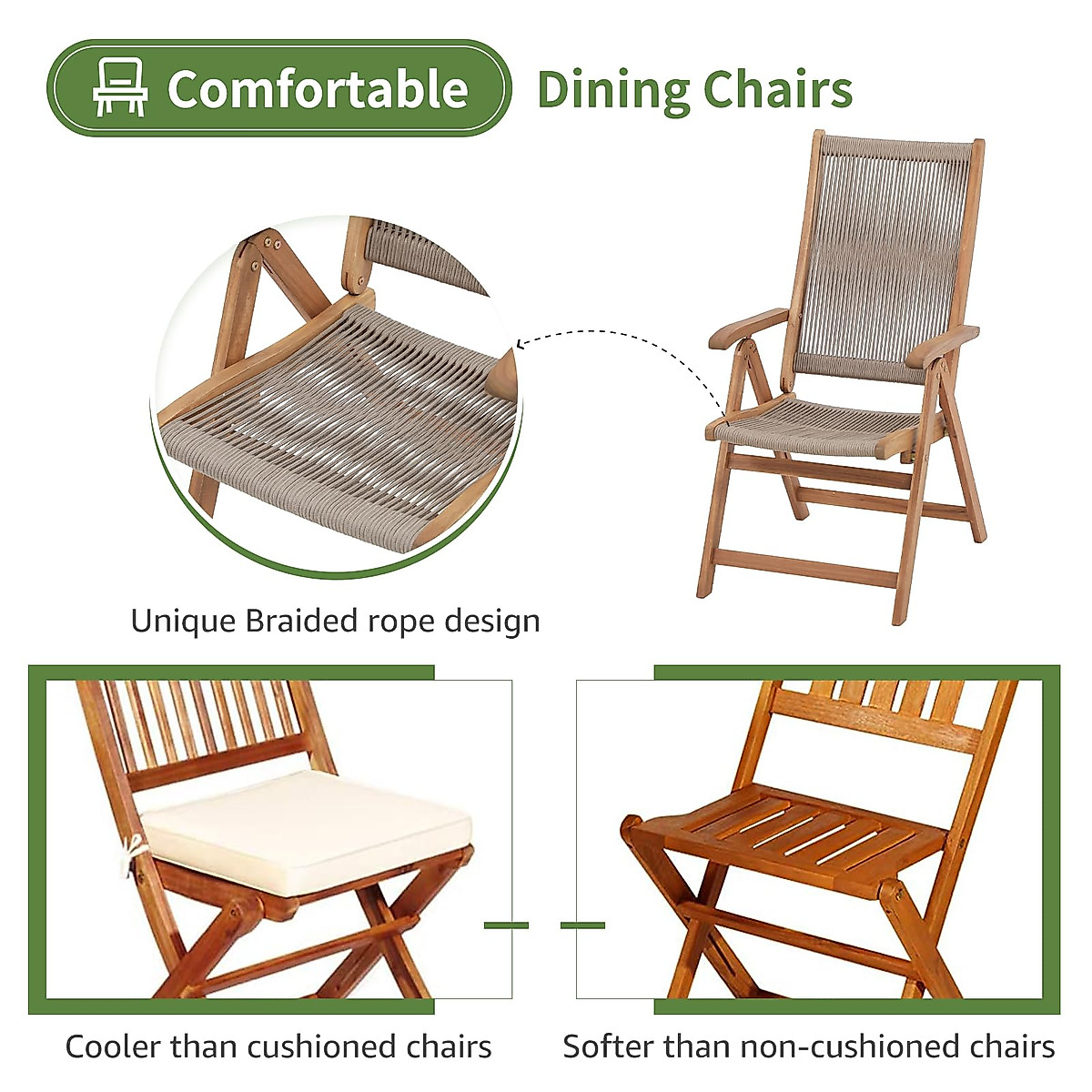 OC Orange-Casual Folding Patio Dining Chair Set of 4, Outdoor Acacia Wooden Rope Reclining Chair w/Armrest, FSC Certified Wood, for Porch, Backyard, Garden, Indoor, Beige
