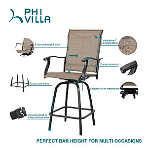 PHI VILLA 3 PCS Patio Swivel Bar Set Outdoor Furniture Bar Height Bistro Set, 2 Bar Stools and 1 Table
