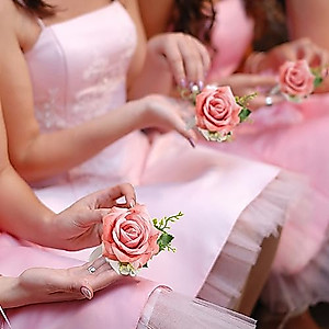 Helera Handmade Corsage and Boutonniere Set, Rose Wrist Corsage and Men Boutonniere for Wedding Party Prom Anniversary Homecoming Decorations (Pink)
