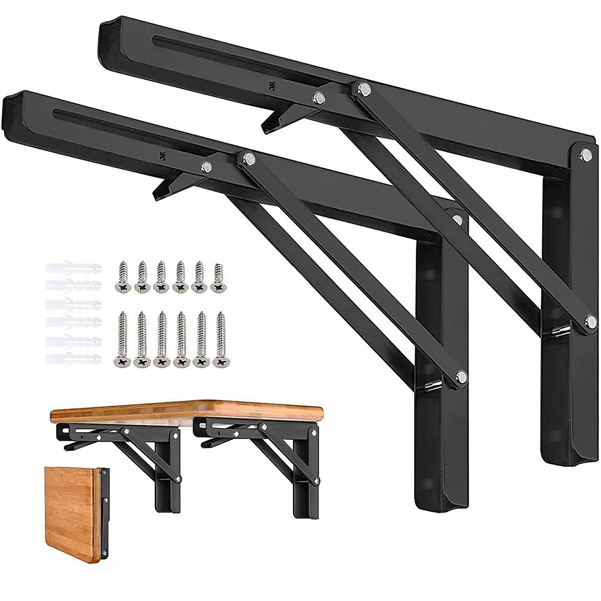 AUTOHJ Folding Shelf Brackets - 16 Inch 2 Pcs Heavy Duty Stainless Steel Collapsible Triangle Shelf Bracket, DIY Wall Mounted Folding Table Hinge, Space Saving for Bench Table with Screws