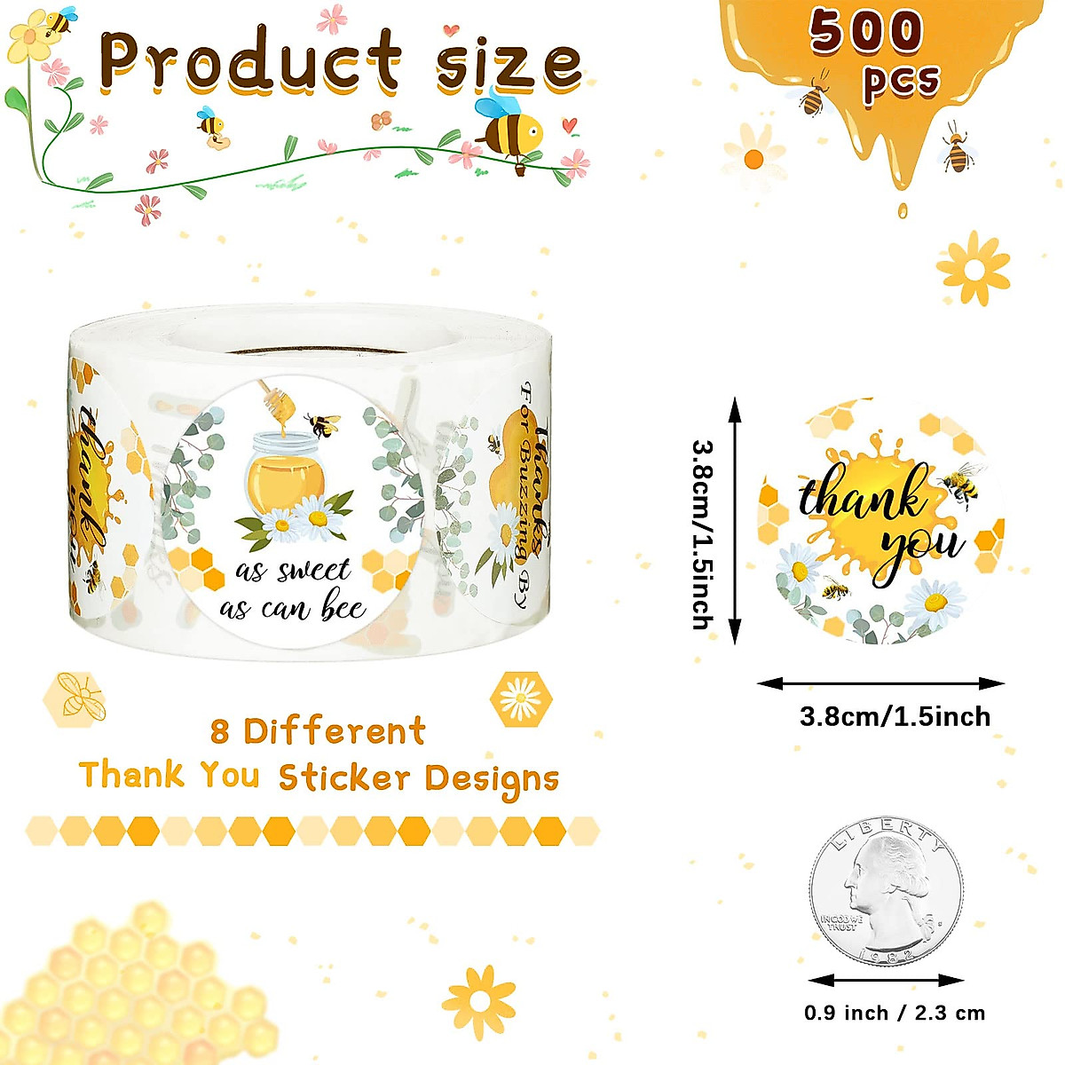 500 Pieces 1.5 Inch Bee Thank You Labels Baby Shower Bumble Stickers for Jars Bottle Gift Box Birthday Baby Shower Party Favor Label Stickers 8 Design