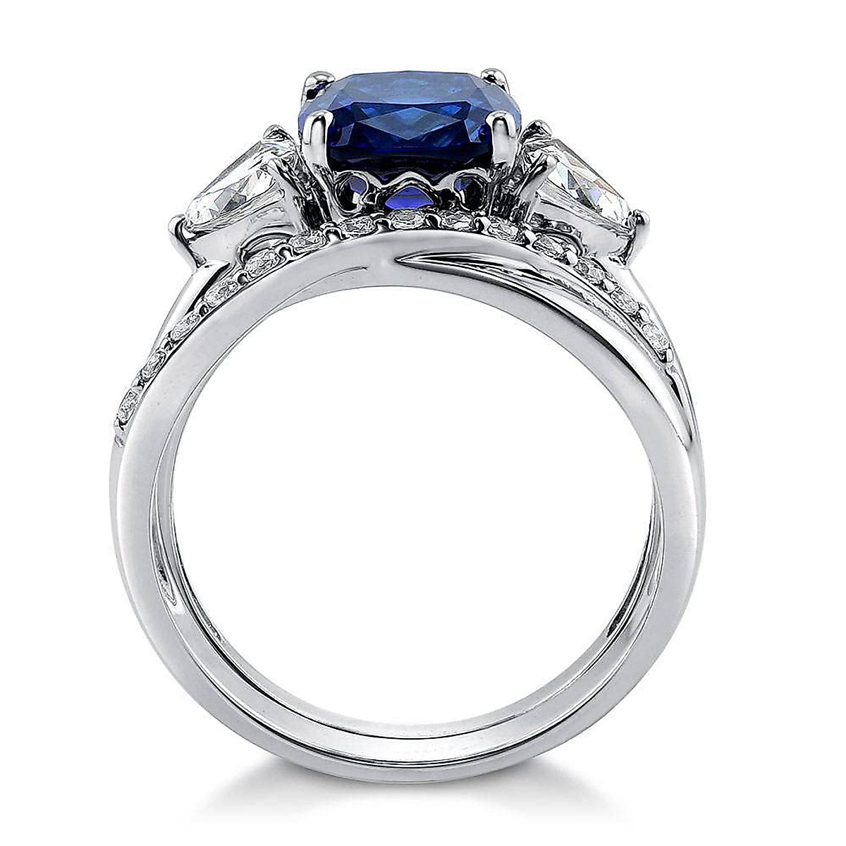 BERRICLE Sterling Silver 3-Stone Wedding Engagement Rings Simulated Blue Sapphire Cushion Cut Cubic Zirconia CZ Criss Cross Ring Set for Women, Rhodium Plated Size 7