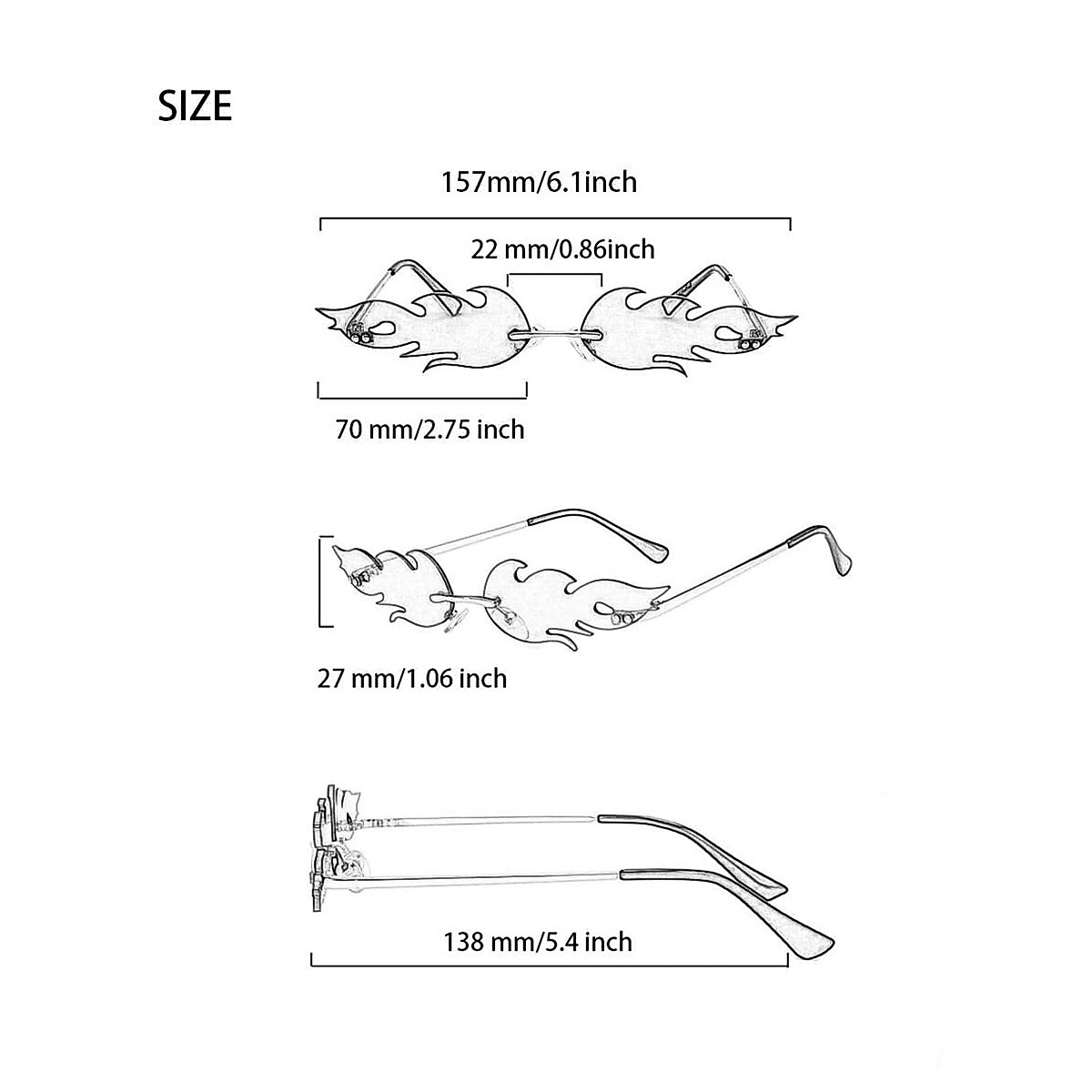 GTREW Sunglasses Trending Flame Rimless Eyewear Small Face Narrow Wave Shape Glasses Vintage Mens Womens Sun Glasses Metal Frame, Red, 138x70mm