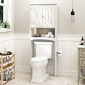 AZODY Over The Toilet Storage Cabinet with Gold Trim, Modern Bathroom Organizer Over Toilet with Adjustable Shelves and Toilet Paper Holder for Bathroom, White