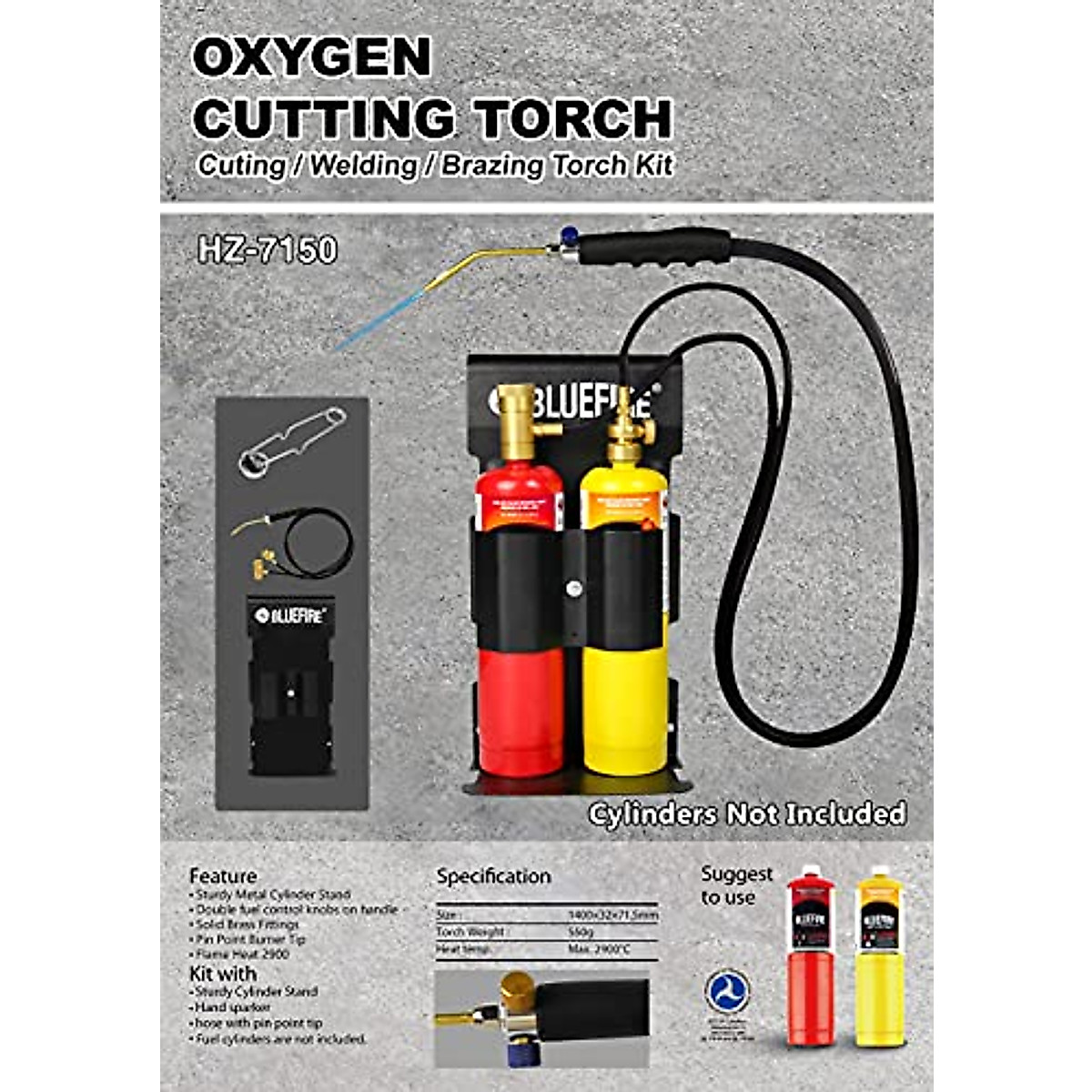 BLUEFIRE Oxypropane High Heat Welding Torch kit Free Accessory of Flint Lighter and Cylinder Holder Rack Duel Fuel by Oxygen and MAPP MAP PRO and Propane Brazing Soldering Gas Cylinders Not Included