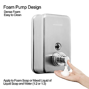 VANNSOO Commercial Wall Mount Stainless Steel Foaming Soap Dispenser, 40 oz (1200ml) Industrial Refillable Foam Hand Sanitizer Dispensers for Bathroom and Kitchen Brushed