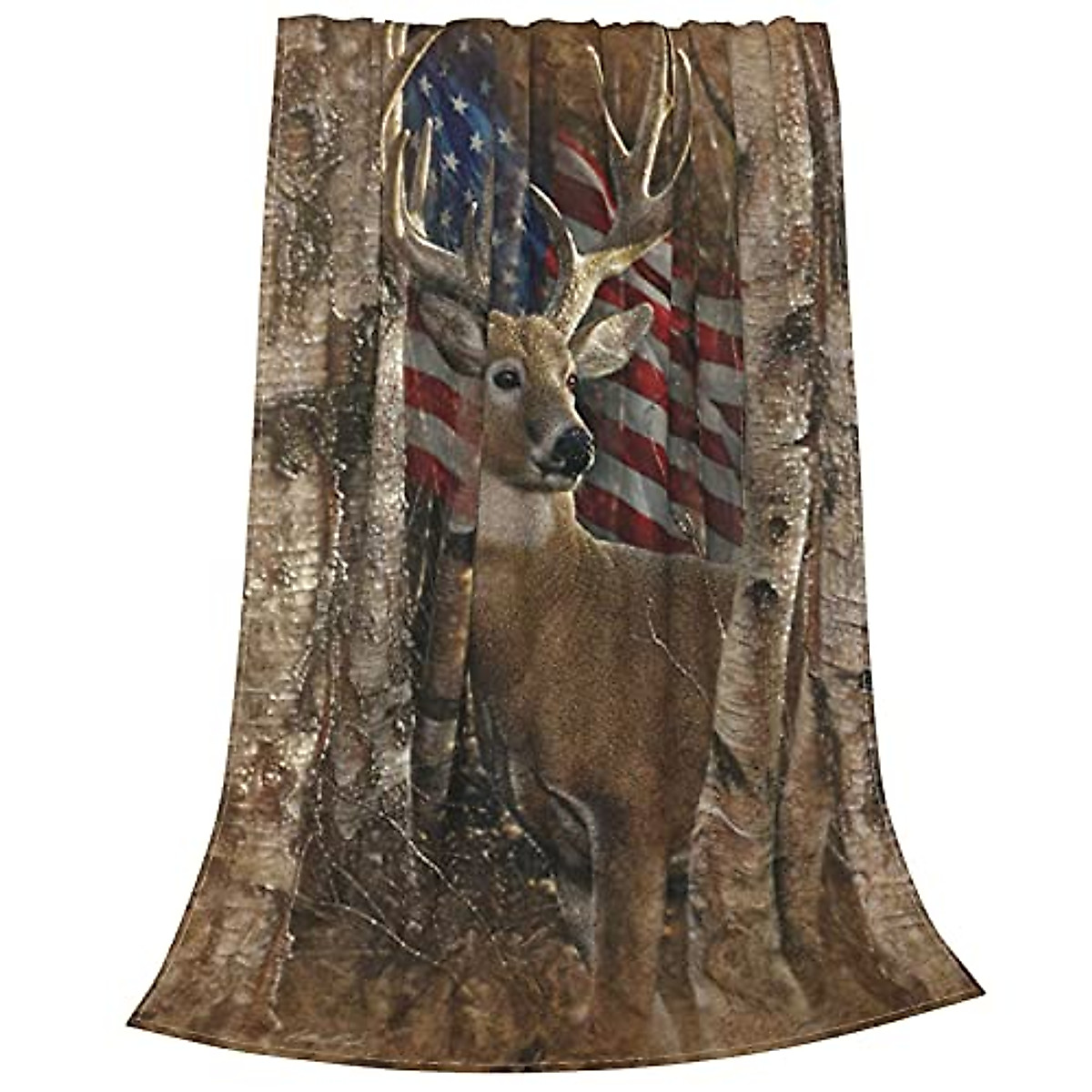 Deer Camo American Flag Throw Blanket Warm Ultra-Soft Micro Fleece Blanket for Bed Couch Living Room Decoration