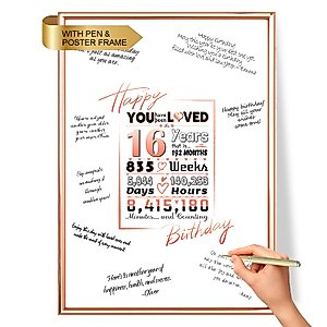Vuzvuv 12x16 Framed Sweet 16th Birthday Party Decorations for Girl with Pen & Gold Rose Frame, Sweet 16 Party Decorations Signing Board Guest Book, Funny 16th Birthday Gifts for Girl Friend Daughter