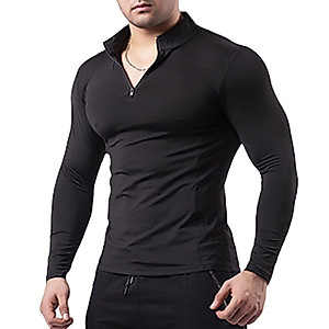 Men's 1/4 Zip Pullover Quarter Zip Fitted Running Shirt Long Sleeve Gym Quick Dry Lightweight Workout Tee Shirts(Black,Small)