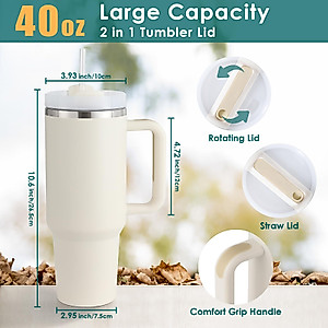 PIMDIR 40oz Tumbler with Handle Straw Lid, Stainless Steel Vacuum Insulated Reusable Travel Mug Keep Drinks Cold Ice Gym Cup, Gifts for Women Men Lovers, Car Holder Friendly, Cream White