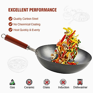 JLYO Never rust Hand Hammered Wok-Round Bottom Woks-12.6” Chinese Thickening Wok Set with 7 Pcs Cookware Accessories