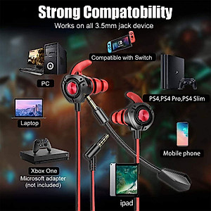 KAHEAUM Gaming Earbuds with Microphone,Stereo Headphones Deep Bass Earphones Sport Earbuds Wired Detachable Noise Cancelling Gaming Headset for Mobile Games Phones PC PS4 Xbox One PlayStation 5-Black