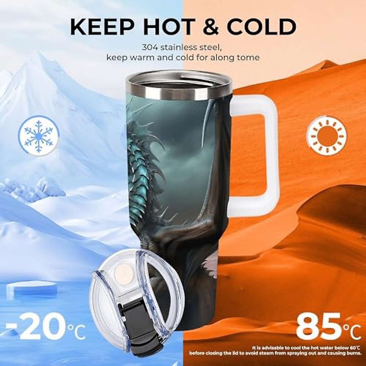 QWJKM Cool Dragon Tumbler with Handle Large Insulated Car Cup 40 OZ Stainless Steel Travel Mug Leak Proof Water Bottle with Lid And Straw for Car Home Office Gifts