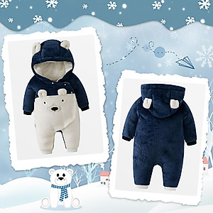 Fairy Baby Newborn Baby Cartoon Bear Snowsuit Warm Fleece Hooded Romper Jumpsuit Onesie(0-3M,Blue Bear)