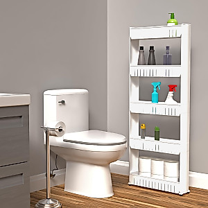 Mobile Shelving Unit Organizer with 5 Large Storage Baskets, Slim Slide Out Pantry Rack for Narrow Spaces by Everyday Home