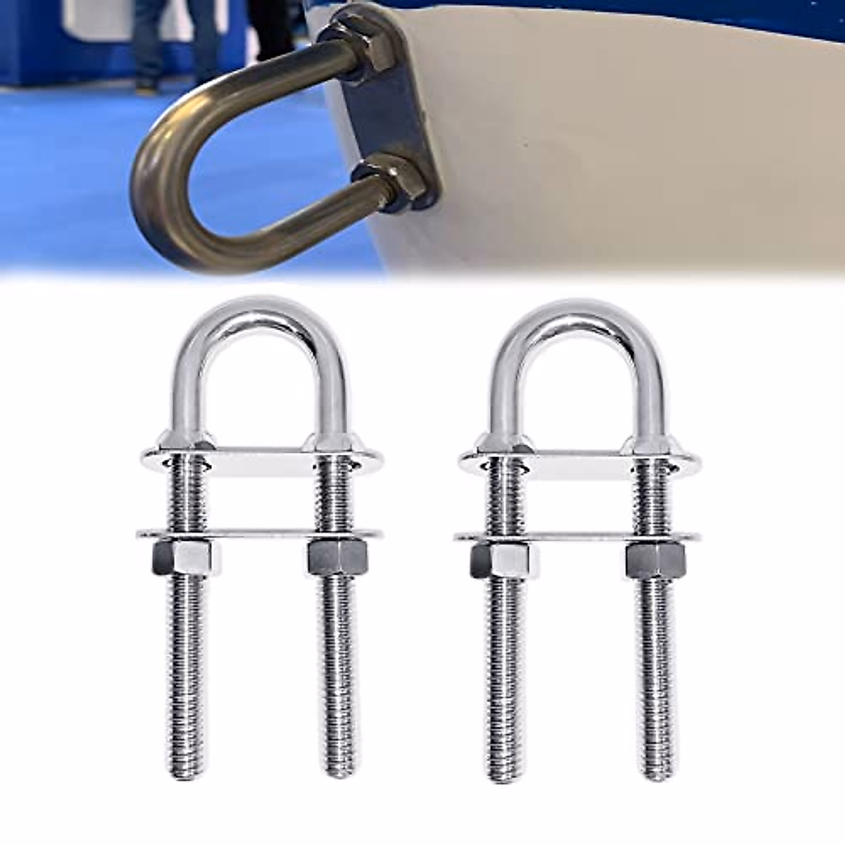 Boat U Bolt Stern Bow Eye Tie Down, Marine Stainless Steel with Hex Nuts and Washers, 4-1/2 in Overall Length, 3/8 in Stock, 3 in Thread Length (2 Pcs)