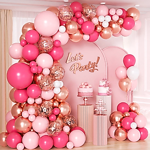 135pcs Pink Balloon Arch Garland Kit with Different Sizes Hot Pink Light Pink Metallic Rose Gold Balloons for Birthday Princess Baby Shower Bridal Shower Bachelorette Party Decorations
