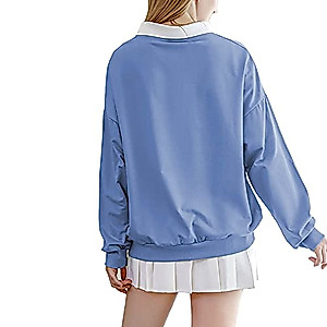 Wrenpies Women Sweatshirts Cotton Hoodie Aesthetic Pullover Turn-Down Collar Sweatshirt for Girls Kawaii Clothes Pocket Tops (Blue,M,Medium)