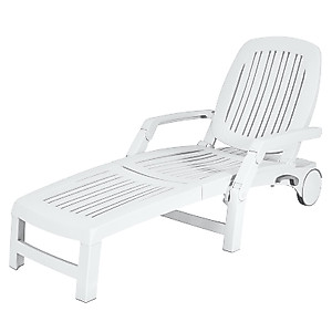 Tangkula Outdoor Chaise Lounge Chair, 5-Position Adjustable Recliner with Storage Box and Flexible Wheels, All-Weather Folding Patio Lounge Chair for Poolside, Beach and Backyard (1, White)