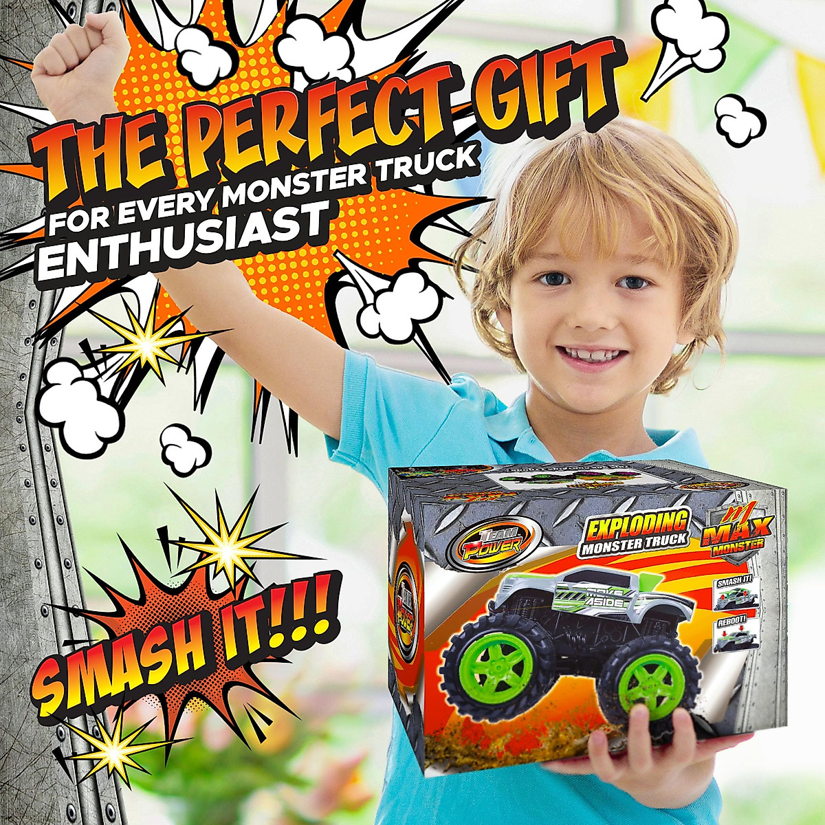 Exploding Monster Truck Toy with Explosive Crash Sounds and Lights, Smash It Up Again and Again, Monster Truck Toys for Boys Kids Ages 3, 4-7 & Above | Toddler Toys for 3 Year Old Boys Gift
