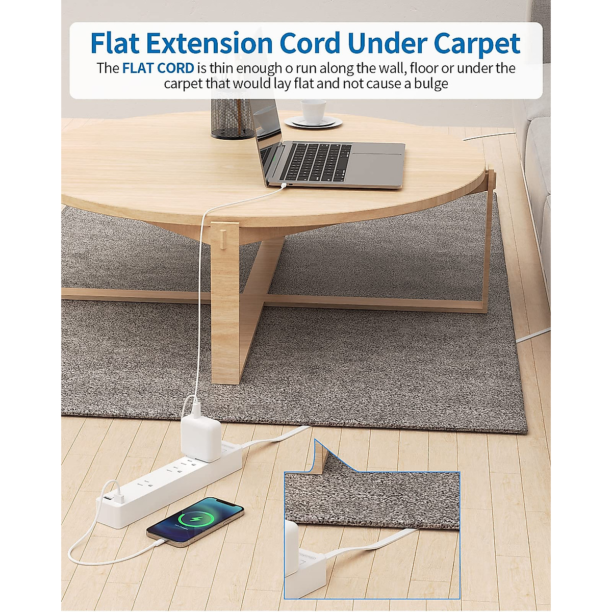 Flat Extension Cord 15 ft, NTONPOWER Ultra Thin Flat Extension Cord Under Carpet, Rug, Door, Wall Mount Power Strip Flat Plug with 4 Outlets 2 USB, Overload Protection for Home Office Indoor, White