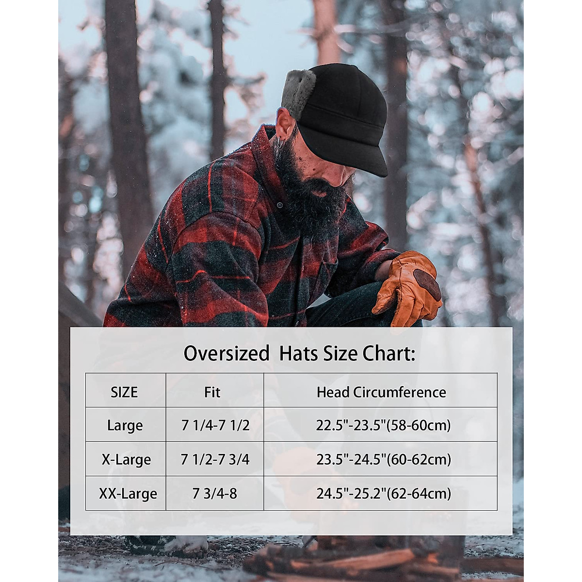 Zylioo XXL Fleece Baseball Cap with Earflap,Oversized Winter Warm Cap,Large Elastic Trapper Hunting Dad Hats Black Red