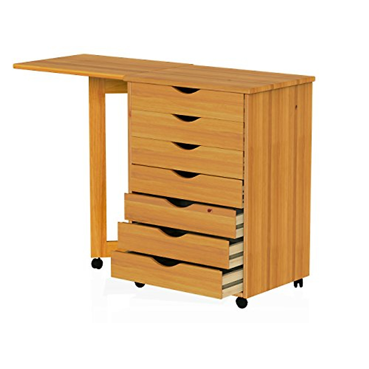 Adeptus Original Drop Leaf Roll Cart with Desk, Sold Wood, 7 Drawer Extra Wide Drawers Roll Carts, Medium Pine