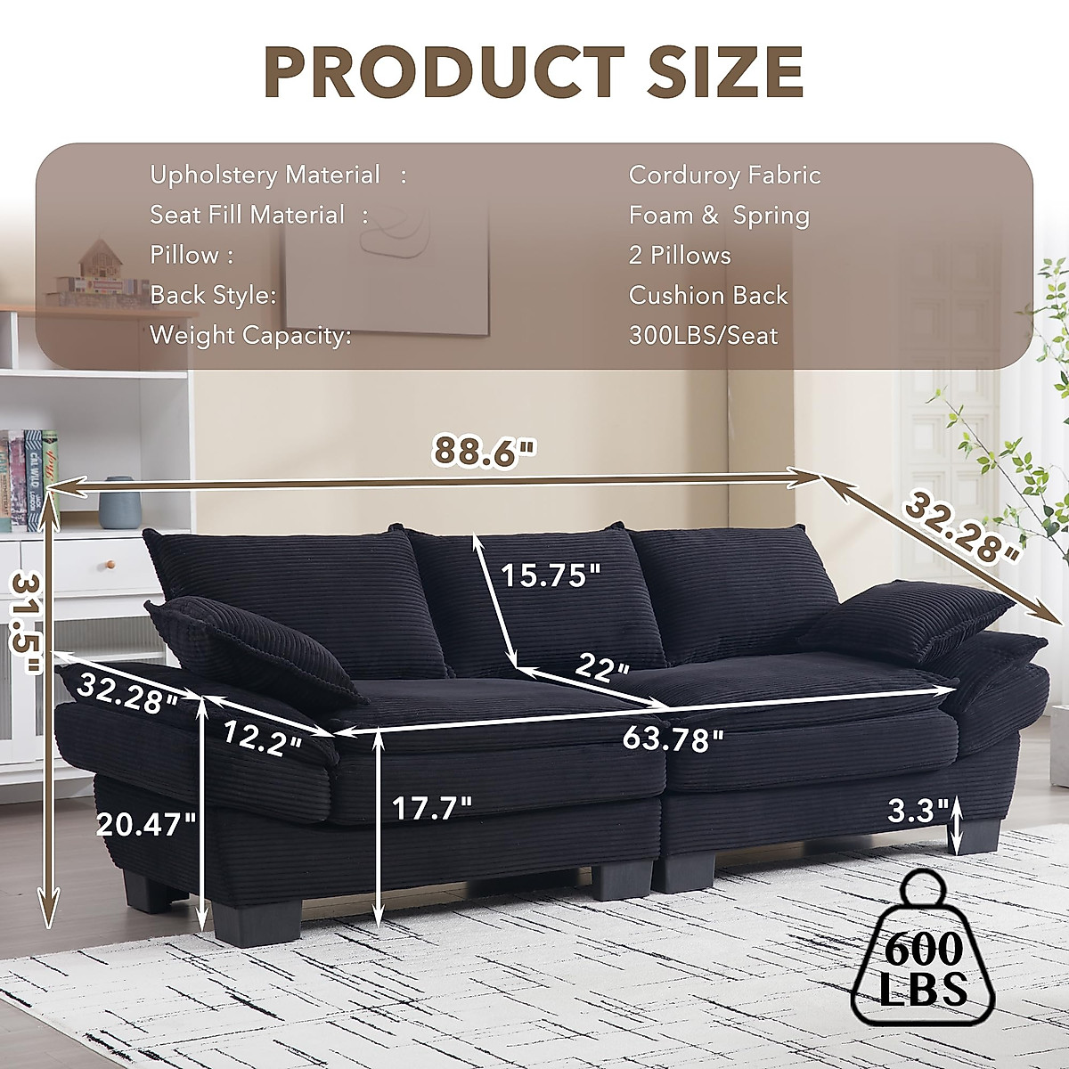 LuxyHoom 88.6" Oversized Loveseat Sofa Couch, Modern Corduroy Love Seat, Upholstered Living Room Sofa, Large Deep Seat Cloud Couch, Modular Sectiona Sofa for Living Room, Apartment, Office, Black