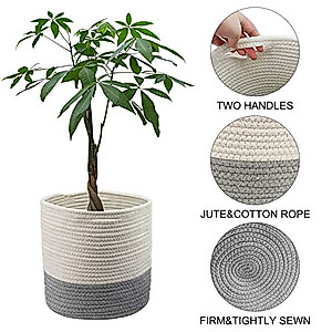 Finderomend 2-Pack Cotton Rope Plant Baskets Cotton Rope Woven Plant Basket for Indoor Plants | Neutral Round Cube Organizer Baskets Bin for Crafts, Toys, Towels and More (12"x12" and 10"x10")
