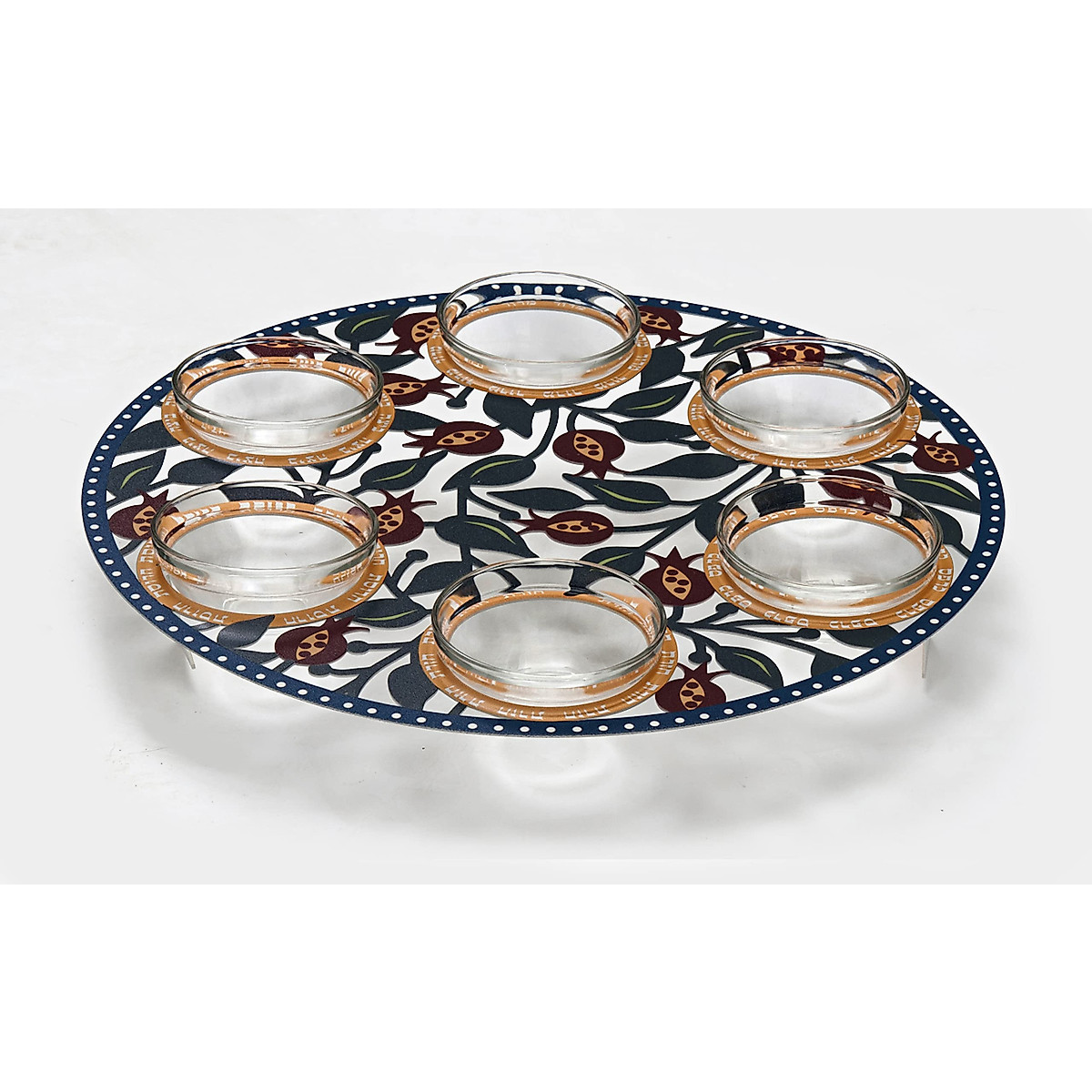 Unique Laser-cut Seder Plate with Glass Insets, Matzah Cover + More Original Judaica Design (Red Pomegranates)