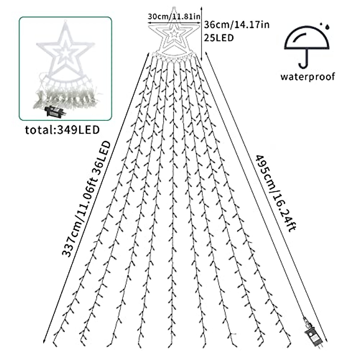 Cobbe Christmas Decorations Outdoor Star String Lights,349 LED 8 Modes with 14" Topper Star Christmas Tree Lights,Star Waterfall Lights for Outside Tree Yard Wedding Home Party WJX-MULTI-1HD