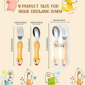 6 Pieces Toddler Utensils Baby Spoon Fork Set Toddler Flatware Set with Travel Case Baby Feeding Training Spoons Forks with Cute Cartoon Handle Stainless Steel Baby Angled Spoons for Age Over 6