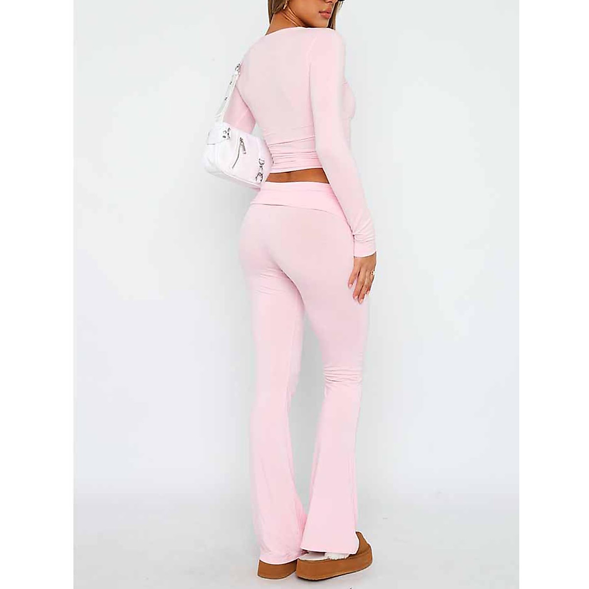 CXINS Women's Solid Color Fold Over Low Waist Pants Flare Leg Workout Leggings Bell Bottoms Bootcut Yoga Pants Pink Size M