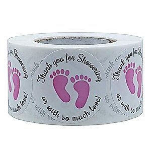 Dartsz, Gender Neutral Baby Shower Stickers，Thank You for Showering Us with So Much Love Round Labels Pink Baby Footprint Stickers,