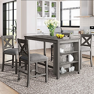 Bellemave Counter Height Dining Table Set for 4 5 Piece Bar Height Farmhouse Table and Chairs with Storage Shelf Dinning Room Small Breakfast Table Set Pub Table and Chairs Set of 4, Gray