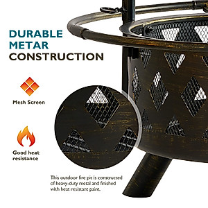 Breezestival 30 inch Fire Pits for Outside with Grill Outdoor Wood Burning with Removable Cooking Swivel BBQ Grill, Cover & Fire Poker for Backyard Bonfire Patio(Black)