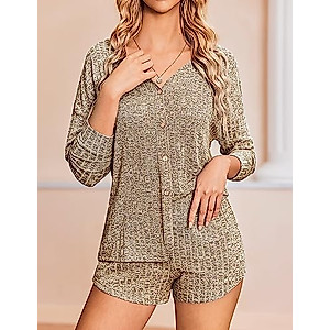 Ekouaer Lounge Sets for Women Leisure Suit Set Two-Piece Casual Loungewear Set Button Long Sleeve Knit Button Cardigan and Shorts Soft Home Pajamas Set Khaki Small